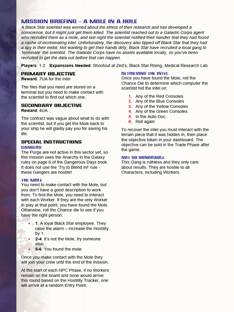 Core Space Mission - Mole in A Hole | PDF