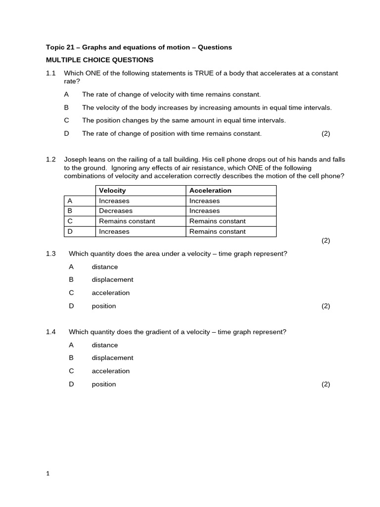 Grade 10 Topic 21 Assessment Questions | PDF | Velocity | Acceleration