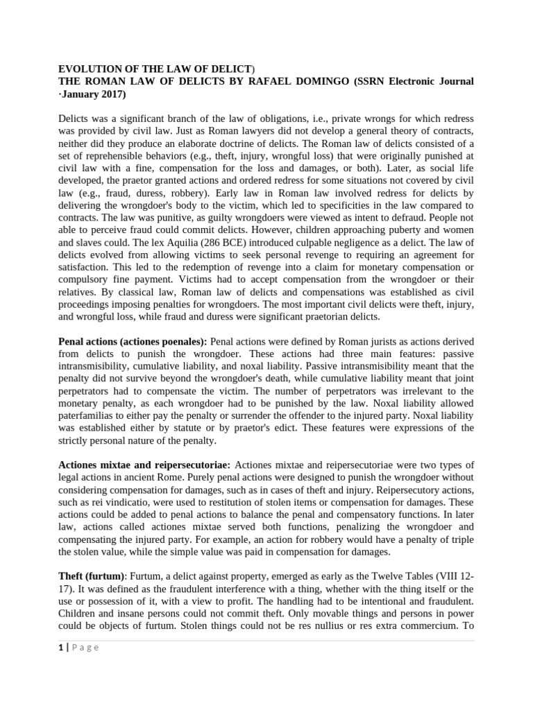 Evolution of The Law of Delict The Roman Law of Delicts by Rafael ...