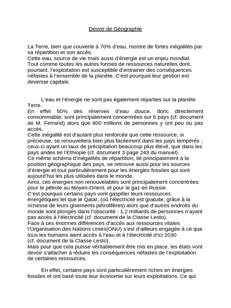Géographie 5ème Les Ressources Naturelles | PDF | Énergie renouvelable ...