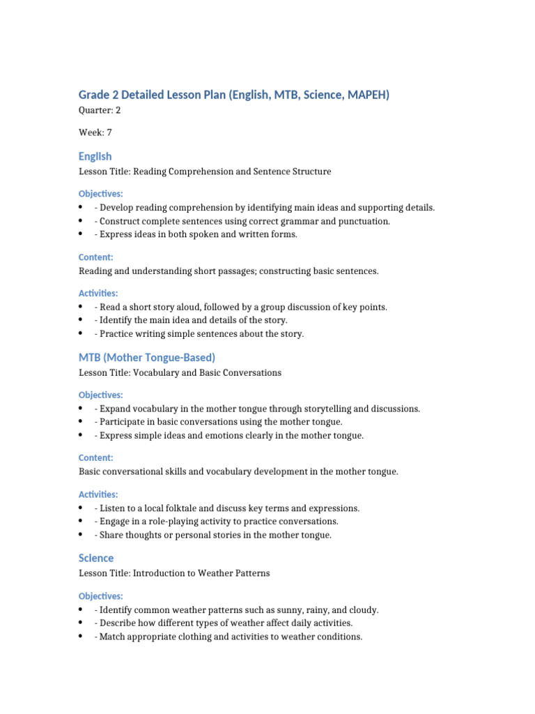Grade 2 Selected Subjects Lesson Plan Q2 W7 | PDF | Reading ...