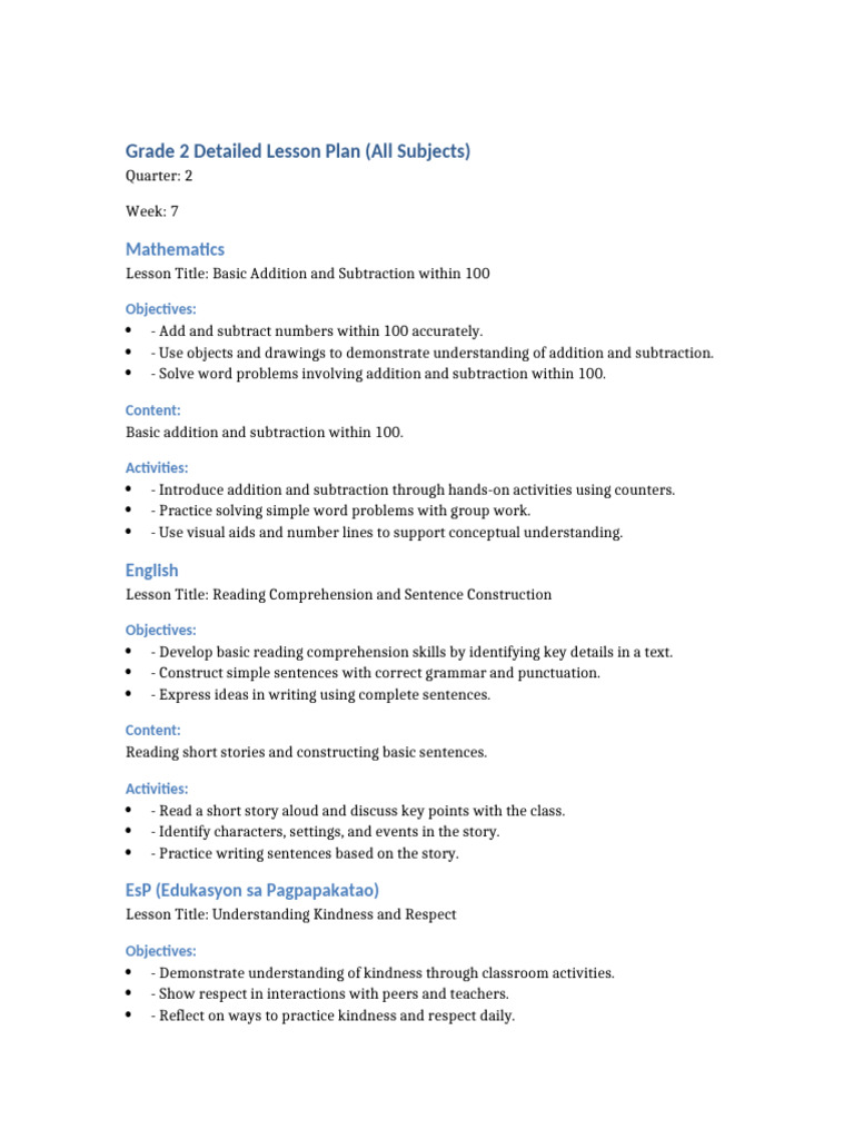 Grade 2 All Subjects Lesson Plan Q2 W7 | PDF | Reading Comprehension ...
