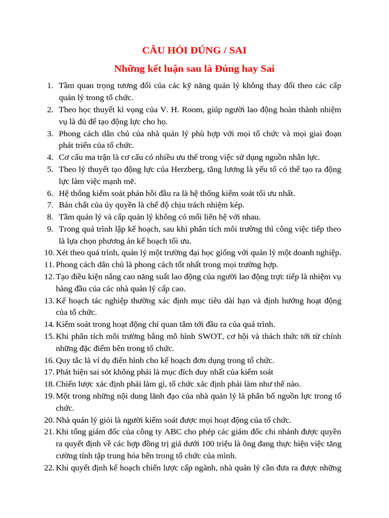 CÂU HỎI ĐÚNG SAI QLH | PDF