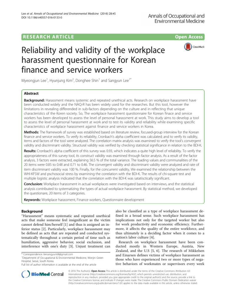 Reliability and Validity of The Workplace Harassme | PDF | Validity ...
