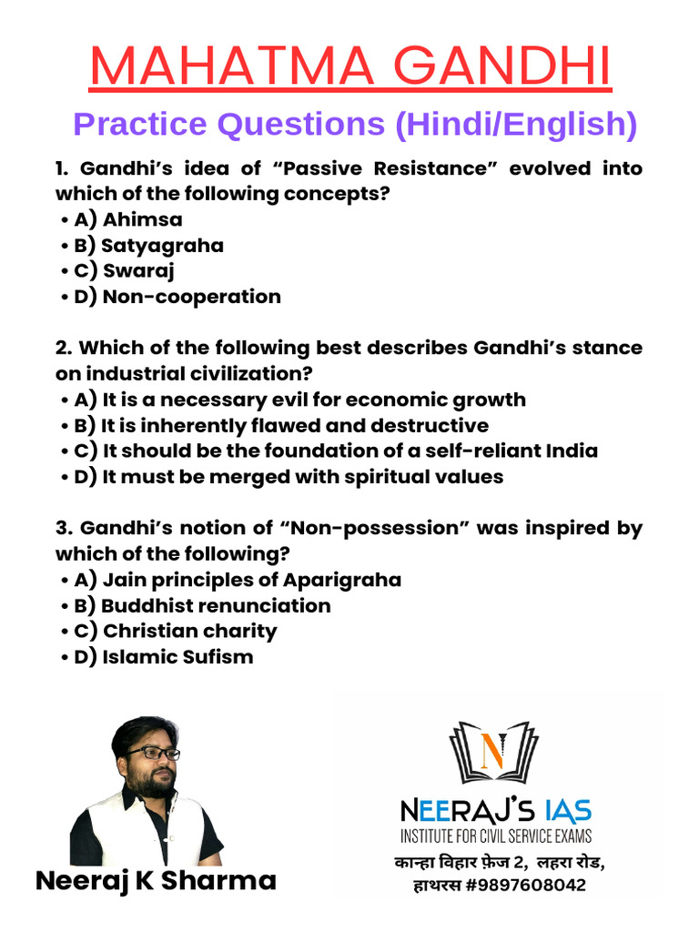 Practice Questions On Mahatma Gandhi | PDF | Mahatma Gandhi | Labour ...