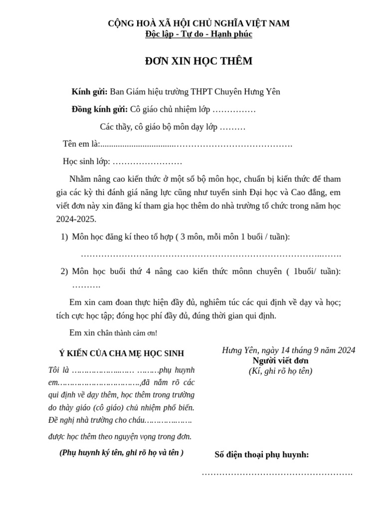 Mẫu K10+11 - Đơn Xin Học Thêm 2024-2025 | PDF