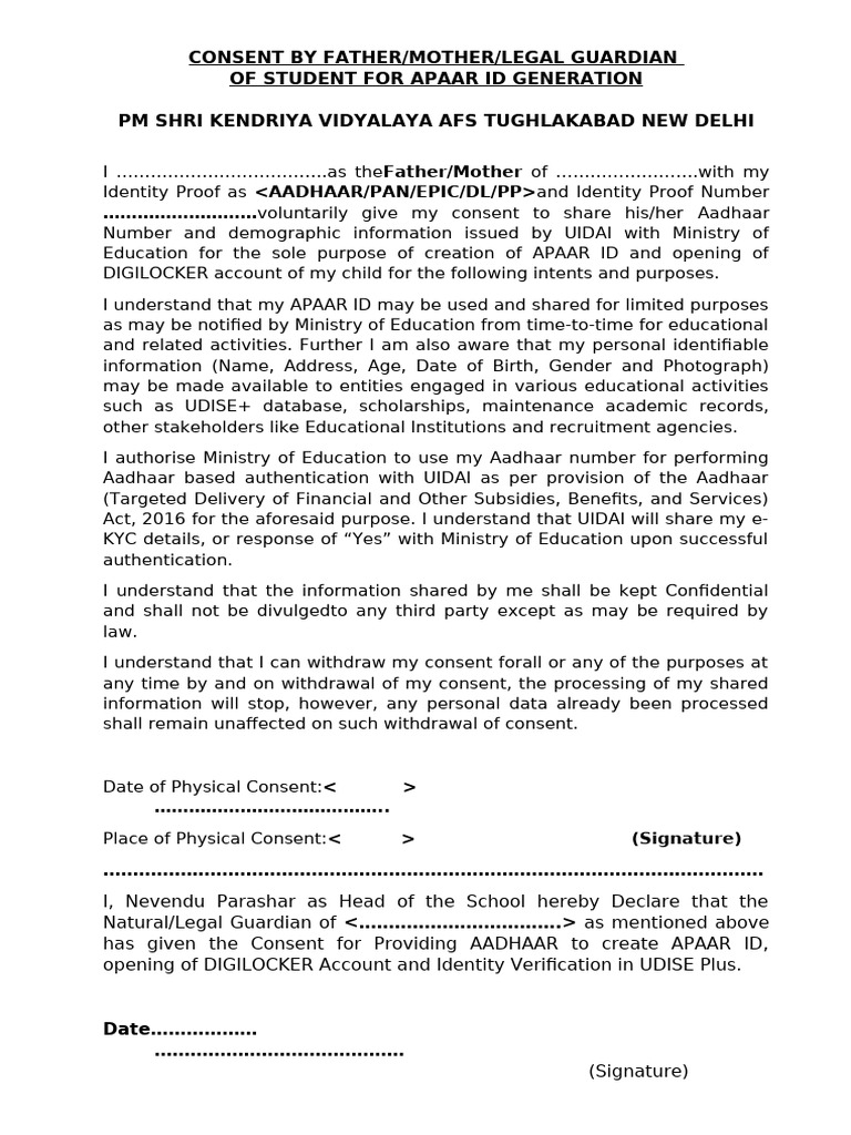 Consent for APAAR ID & DIGILOCKER | PDF