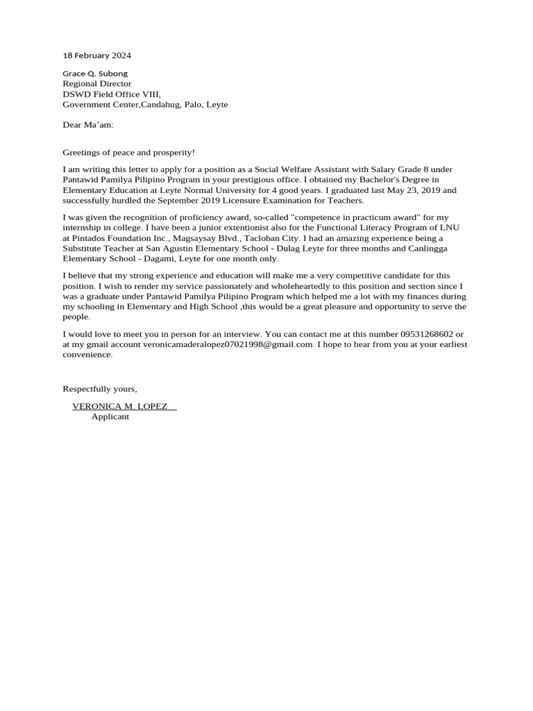 Application Letter-SWA (DSWD) | PDF