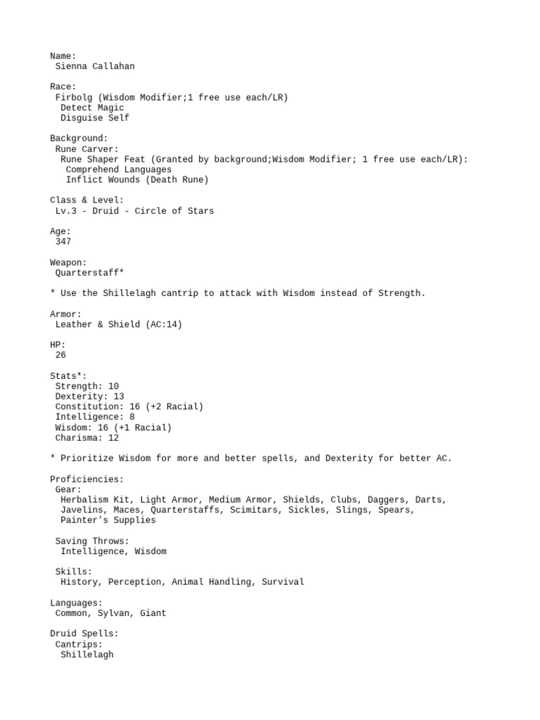 Sienna Callahan Character Sheet | PDF