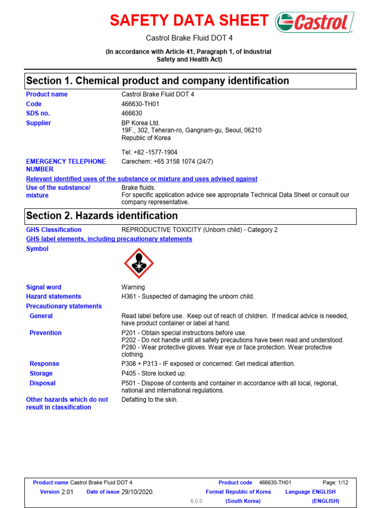Brake Fluid DOT 4 - Safety Data Sheet | PDF | Personal Protective ...
