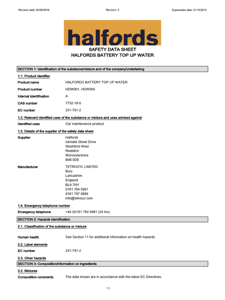 Halfords Battery Top Up Water SDS | PDF | Dangerous Goods ...