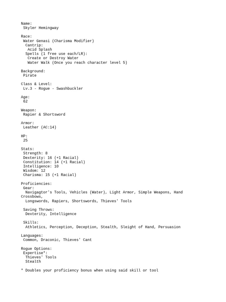Skyler Hemingway Character Sheet | PDF | Law | History