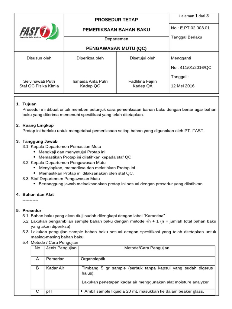 02 003 Protap Pemeriksaan Bahan Baku Revisi 05 07 2021 | PDF