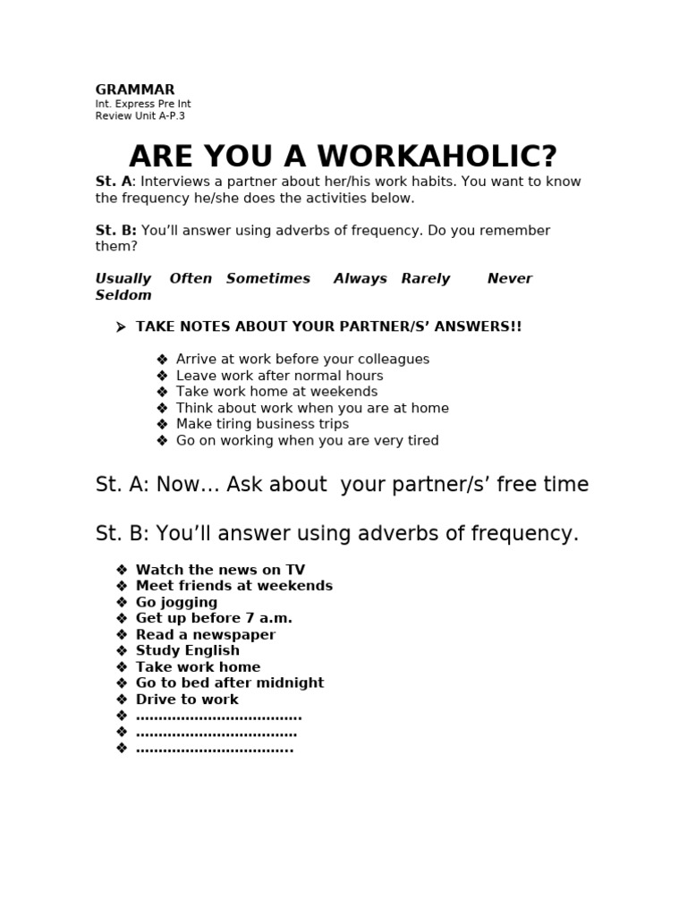 Workaholic Habits Interview Guide | PDF