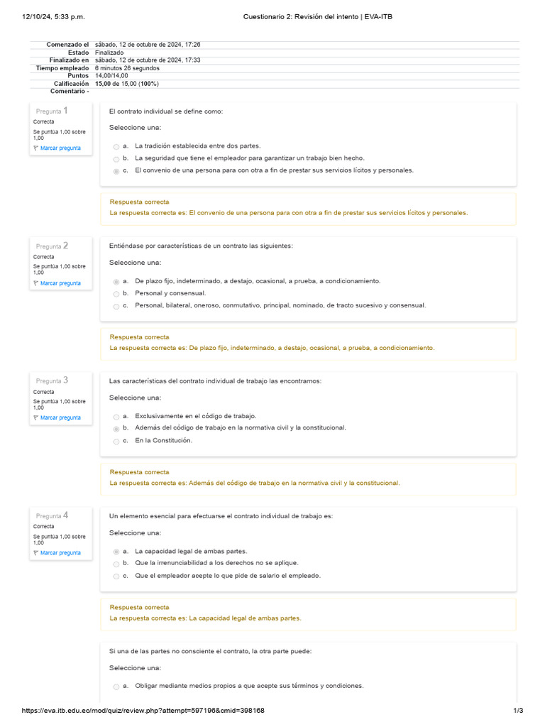 Cuestionario 2 - Revisión Del Intento - EVA-ITB | PDF | Derecho laboral ...