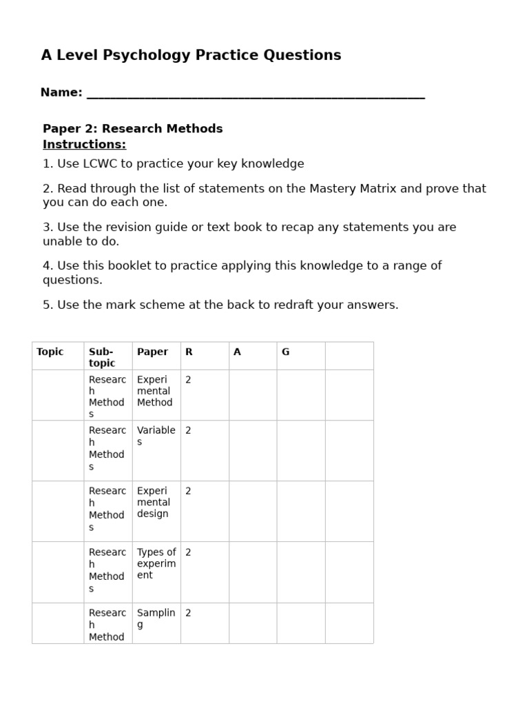 A Level Psychology Research Methods Quiz | PDF | Standard Deviation ...