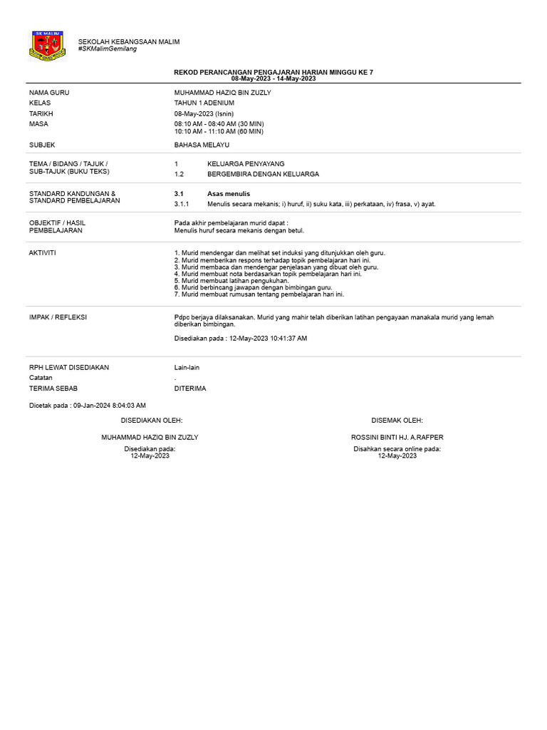 Muhammad Haziq Bin Zuzly - RPH - Minggu - 7 - Tahun - 2023 | PDF