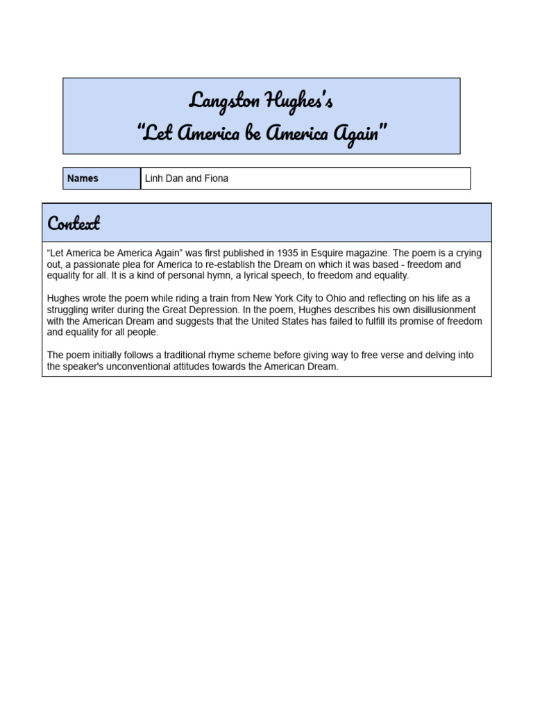 G8 Linh Dan & Fiona - Let America Be America Again - by Langston Hughes ...