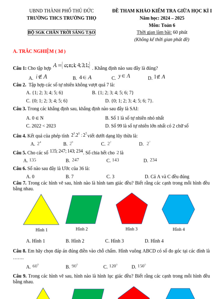 Đề + Đáp Án Tham Khảo Giữa Hk1 Toán 6 24-25 - Nga Trần Thị Kiều Nga | PDF
