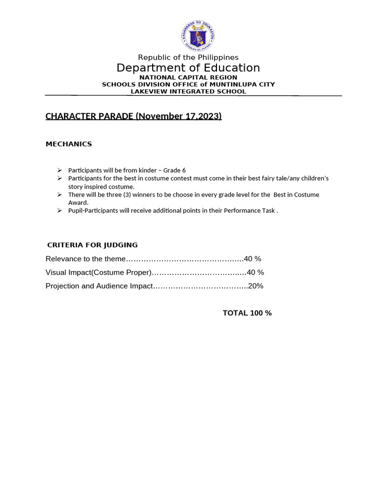 Character Parade-Mechanics and Criteria For Judging | PDF