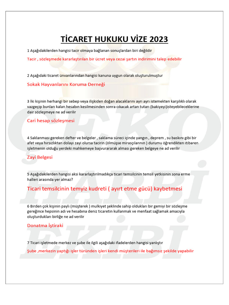 Ti̇caret Hukuku Vi̇ze 2023 | PDF