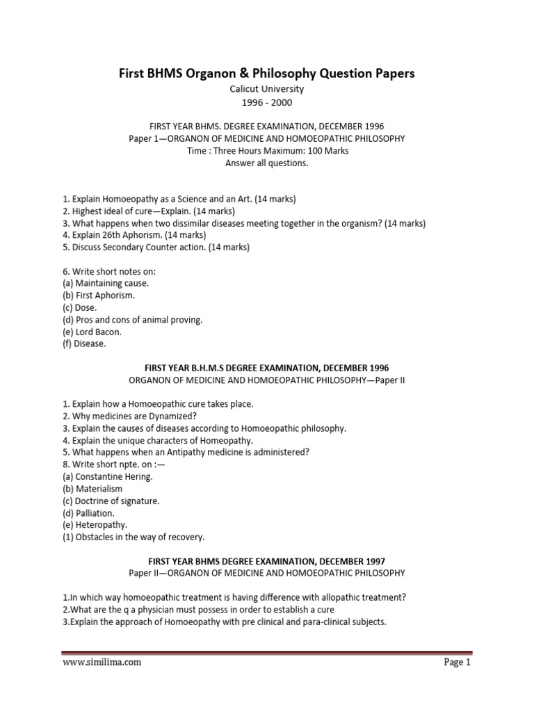 BHMS Organon & Philosophy Exam Papers | PDF | Homeopathy | Health Care