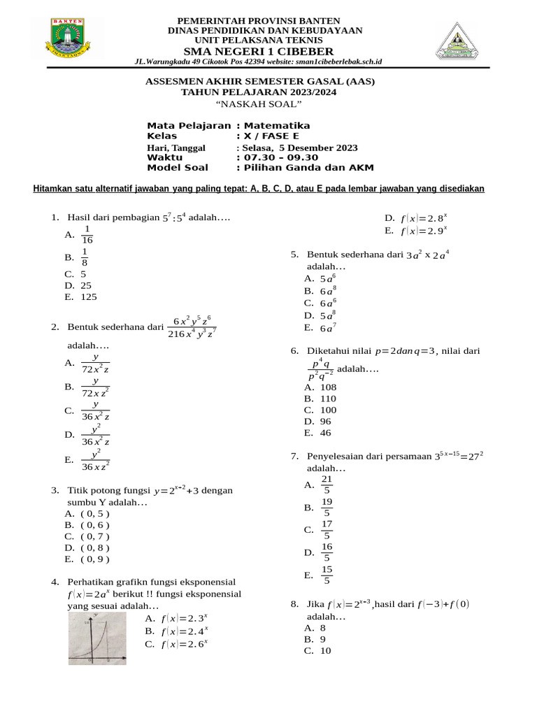 Assesmen 1 PTS MTK KLS X | PDF