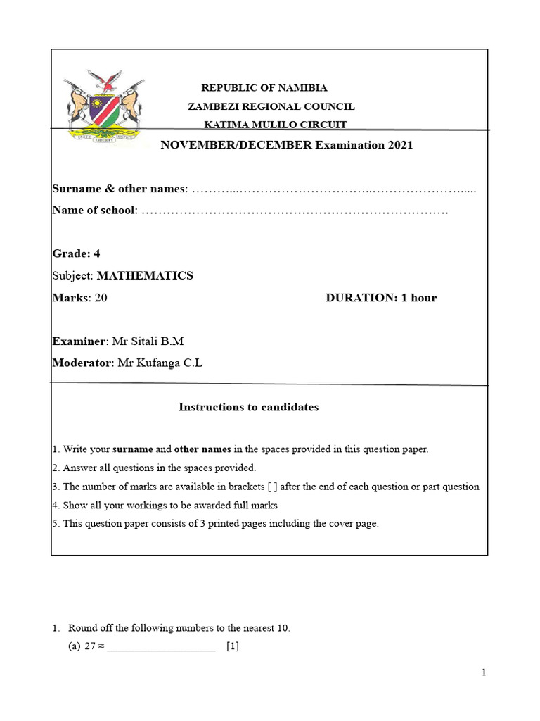 Grade 4 Maths Exam: Whole Numbers | PDF | Mathematics