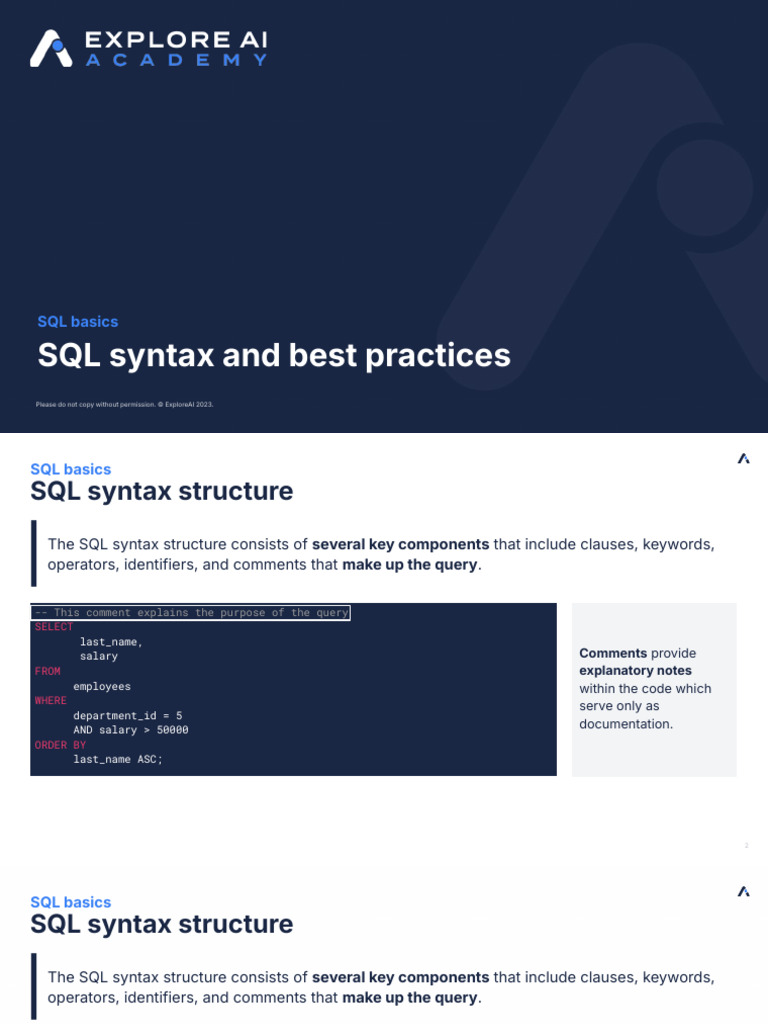 SQL Syntax and Best Practices (Slides) | PDF | Sql | Letter Case SQL Syntax and Best Practices (Slides) | PDF | Sql | Letter Case