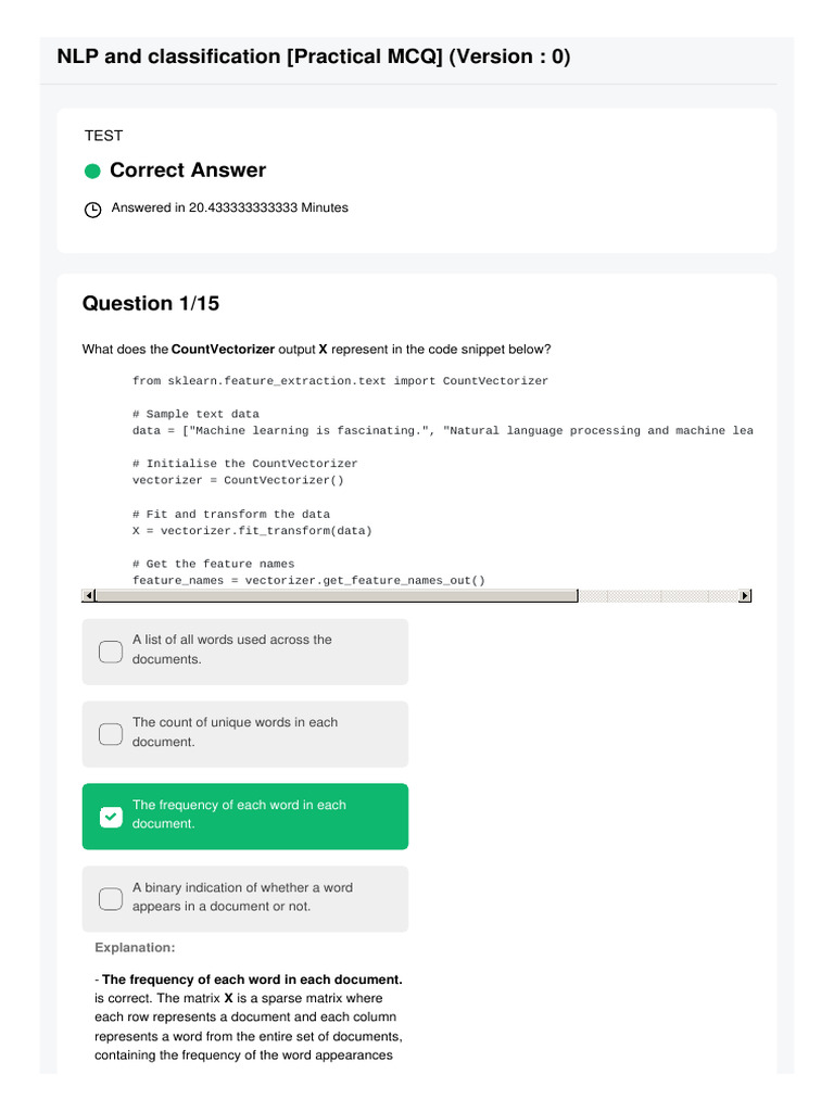 Answer 1722791857 NLP and Classification Practical MCQ 4991 | PDF | Support Vector Machine ...