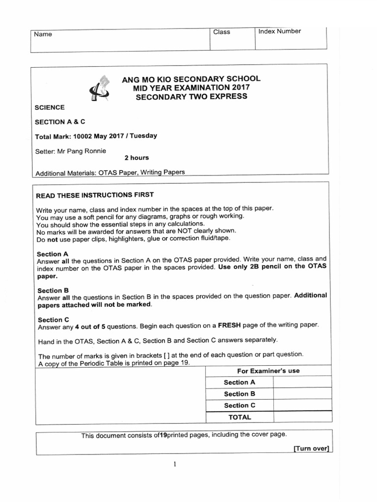 Sec 2 Science SA1 Ang Mo Kio Sec 2017 | PDF