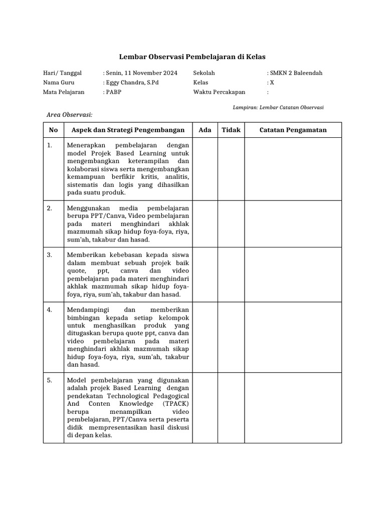 Lembar Observasi Pembelajaran Di Kelas DONE | PDF | Seni