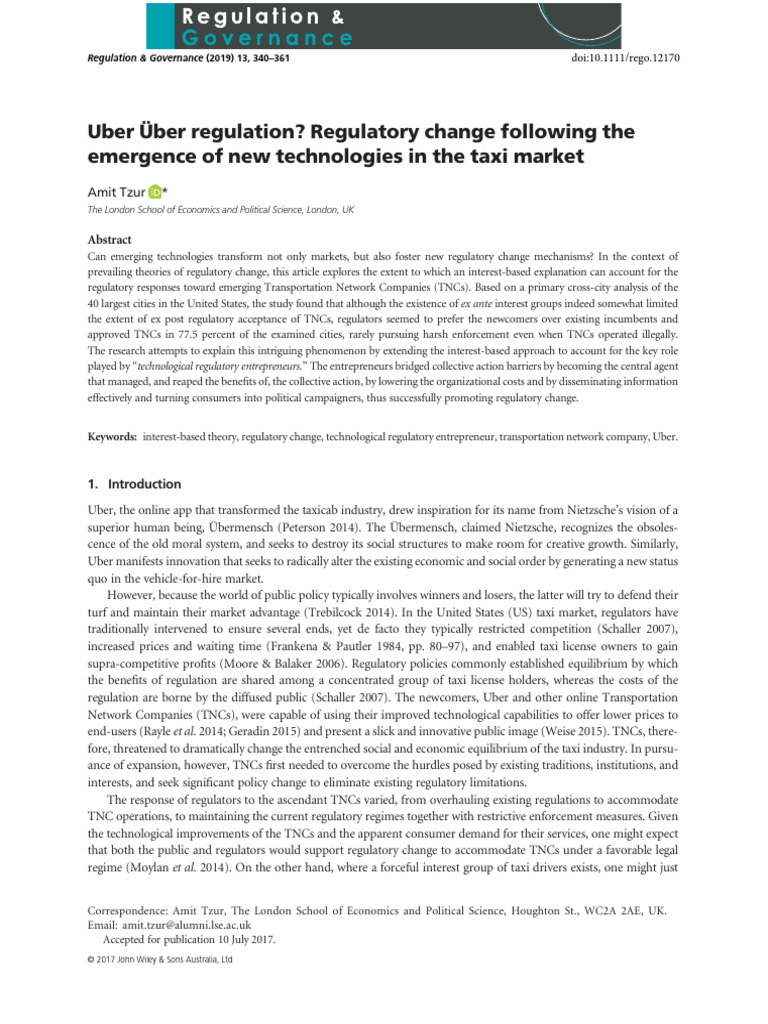 Tzur (2019) Uber Regulation. | PDF | Entrepreneurship | Market (Economics)