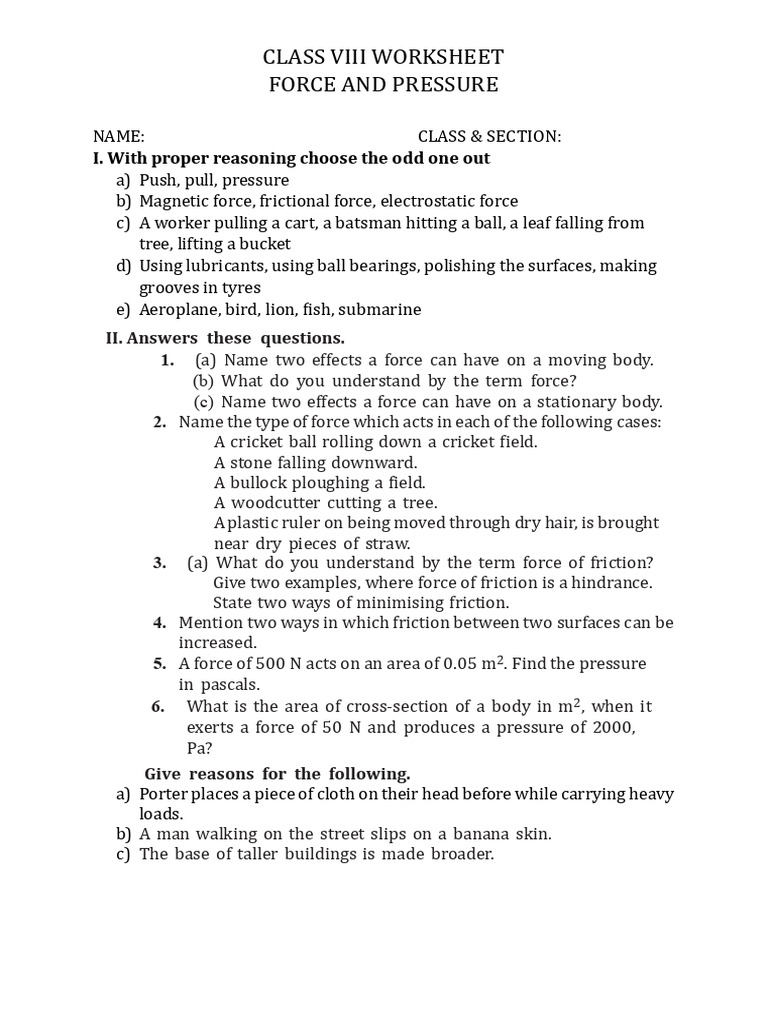 Class 8 Force and Pressure Worksheet | PDF