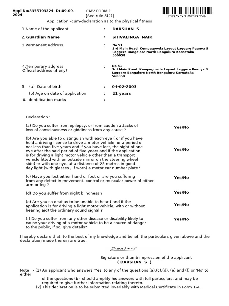 Darshan S Shivalinga Naik Guardian Name: Appl No:3355103324 Dt:09-09 ...