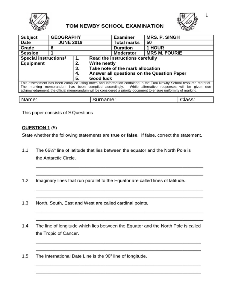 Grade 6 Geography June Exam 2019 | PDF | Equator | Latitude