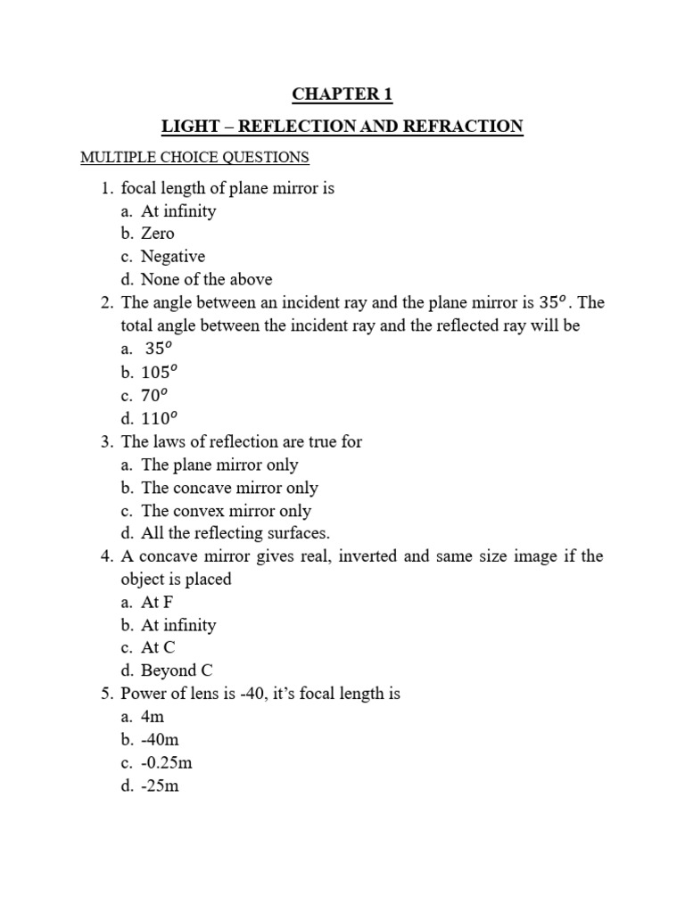 Mcq Chapter 1 Light Reflection And Refraction Pdf Mirror Optics