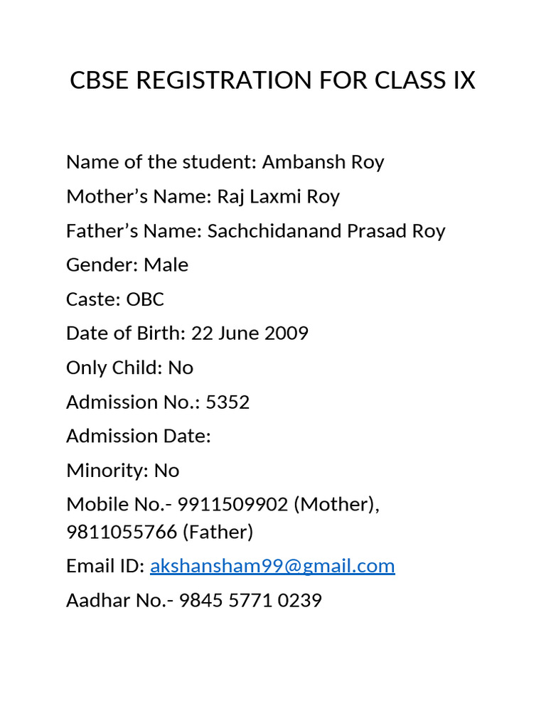 Cbse Registration For Class Ix | PDF