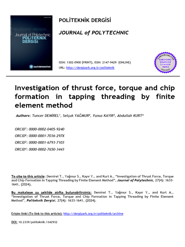Investigation of Thrust Force, Torque and Chipformation in Tapping Threading by Finiteelement ...