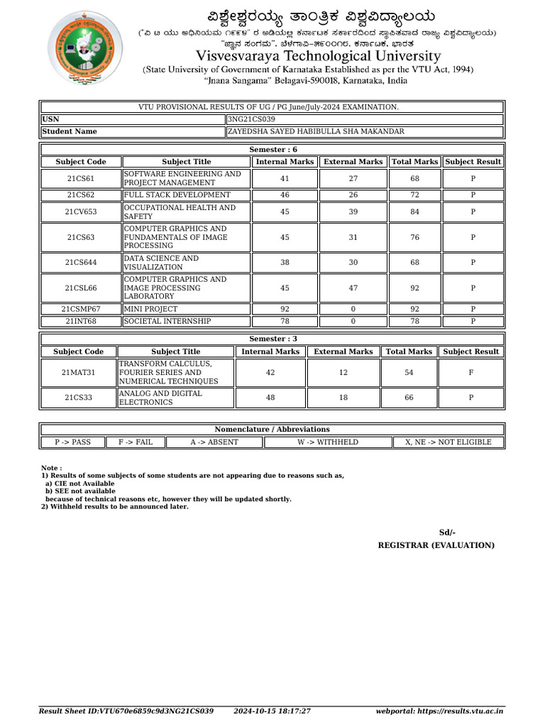 Vtu Provisional Results Sheet Pdf Computer Science Computing