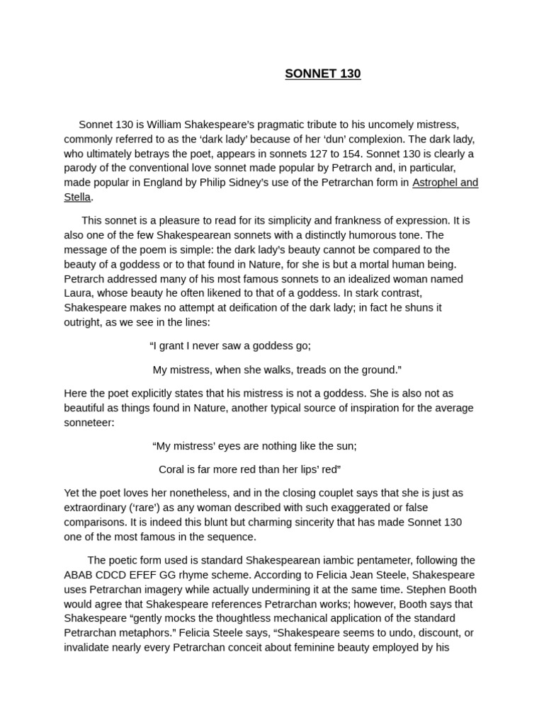 Shakespeare Sonnet 130 | PDF | Poems | Literary Criticism