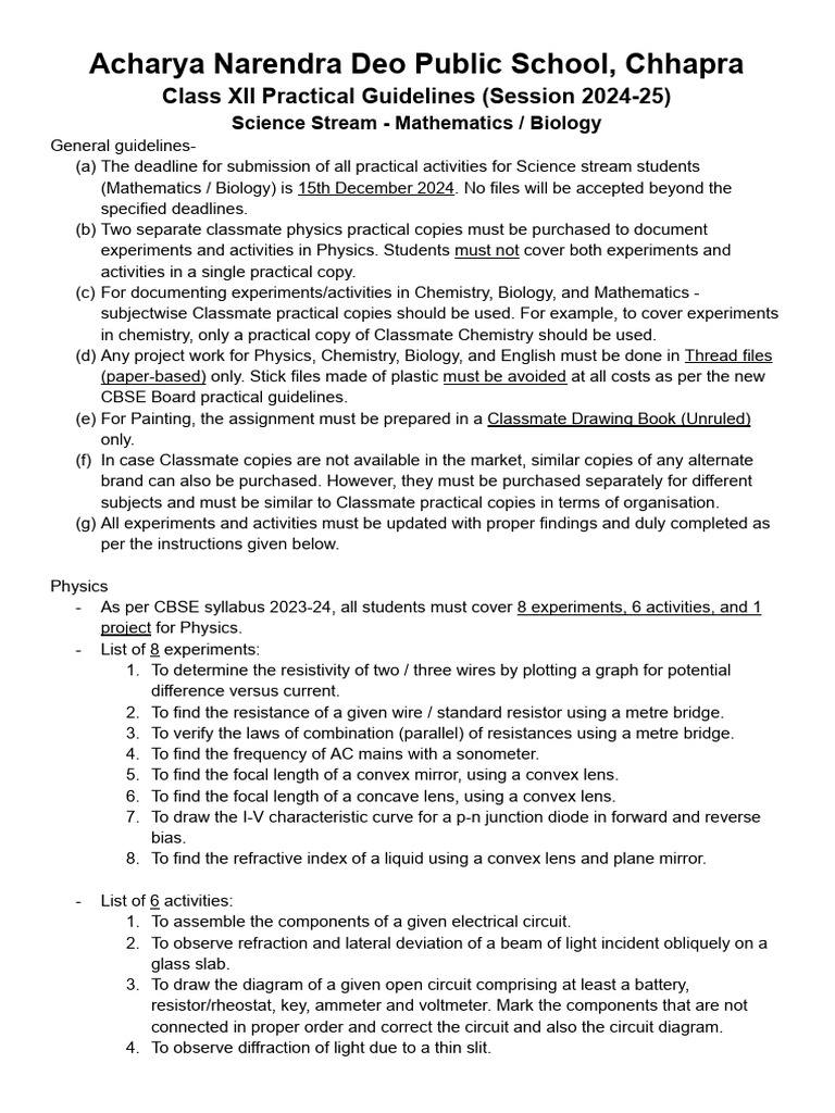 Class XII Practical Guidelines (Session 2024-25) | PDF | Electrical Resistance And Conductance