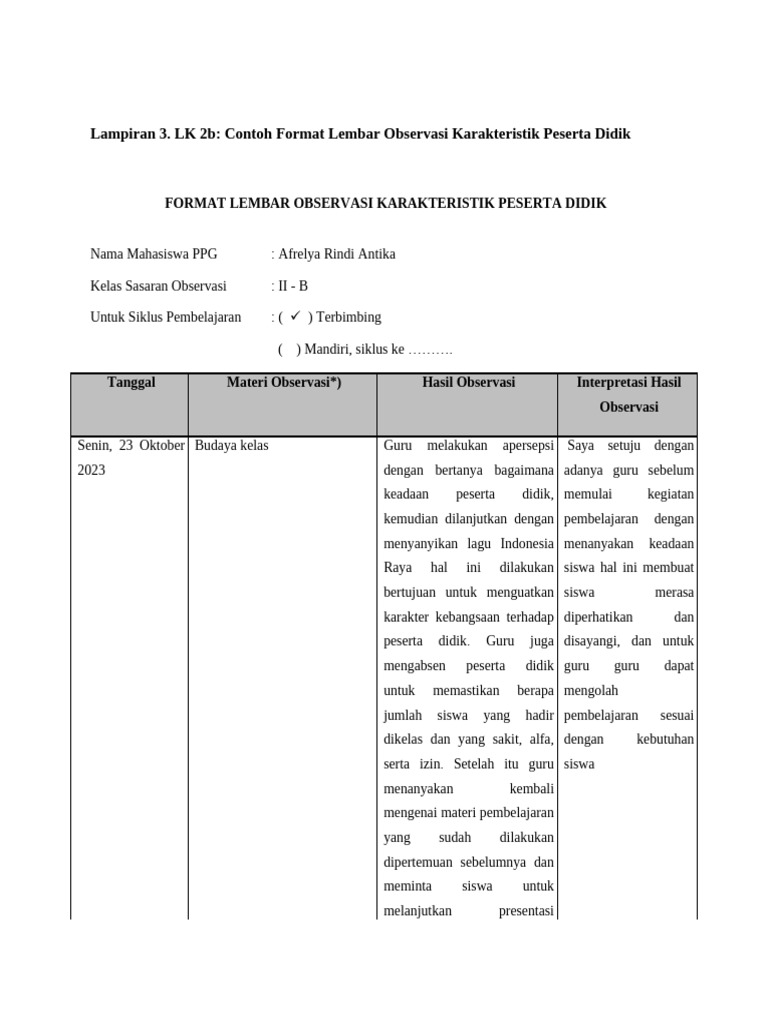 Lampiran 3. LK 2b Contoh Format Lembar Observasi Karakteristik Peserta ...