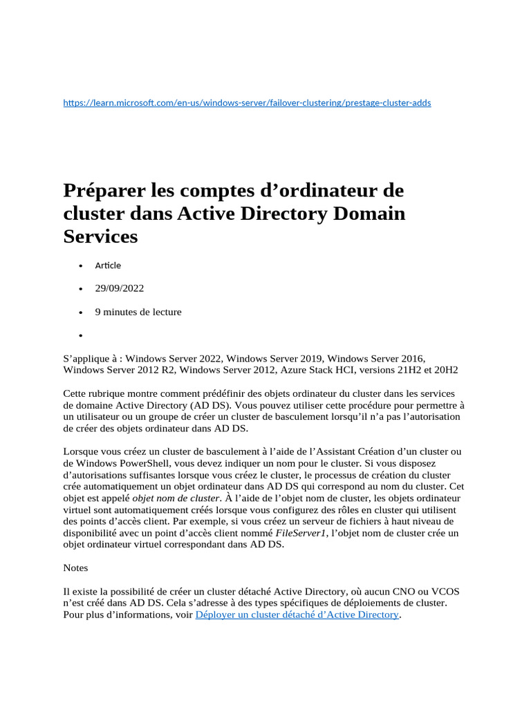 Prédéfinir des Clusters AD DS | PDF | Active Directory | Réseau ...