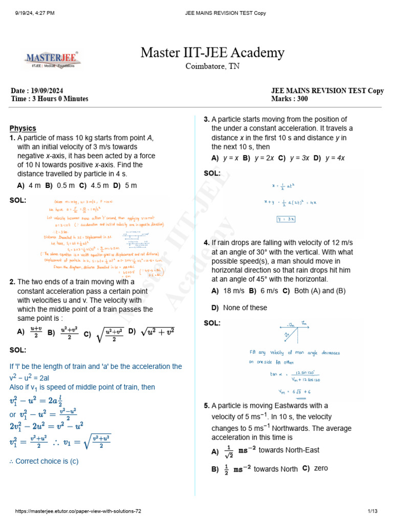 CORRECON - 1 SOLUTION | PDF | Acceleration | Velocity