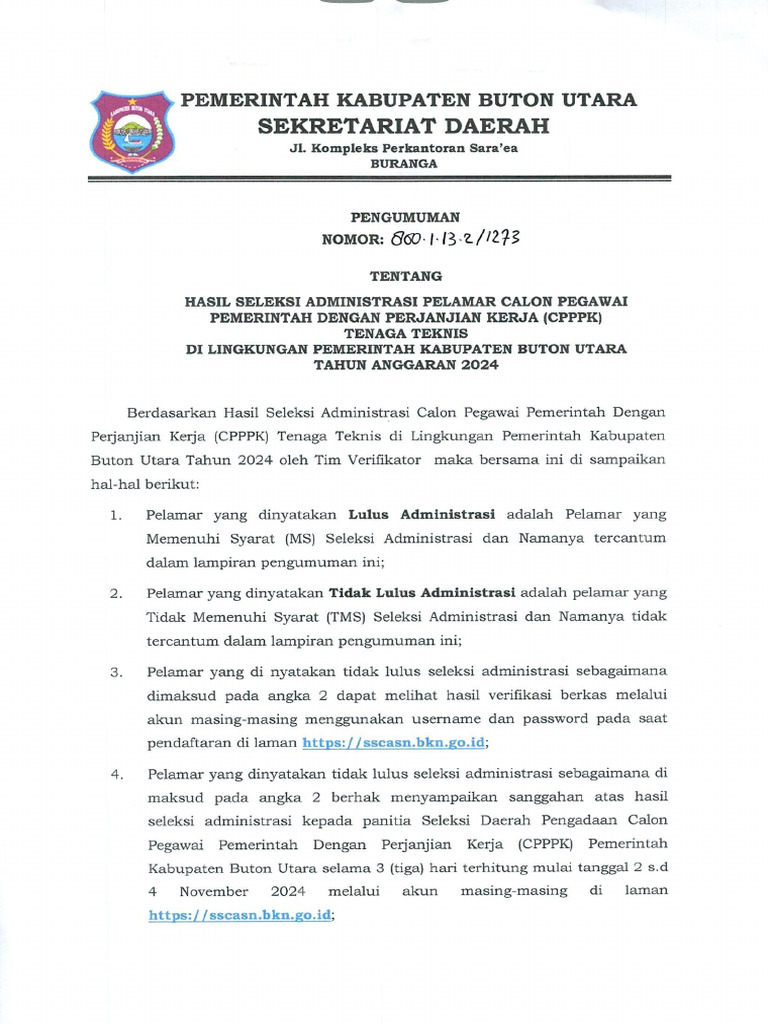 Pengumuman Hasil Seleksi Administrasi PPPK Tenaga Teknis Tahun 2024 | PDF