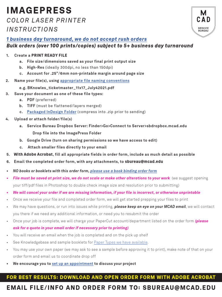 Color L Aser Printer Instructions: Bulk Orders (Over 100 Prints/copies) Subject To 5+ Business ...