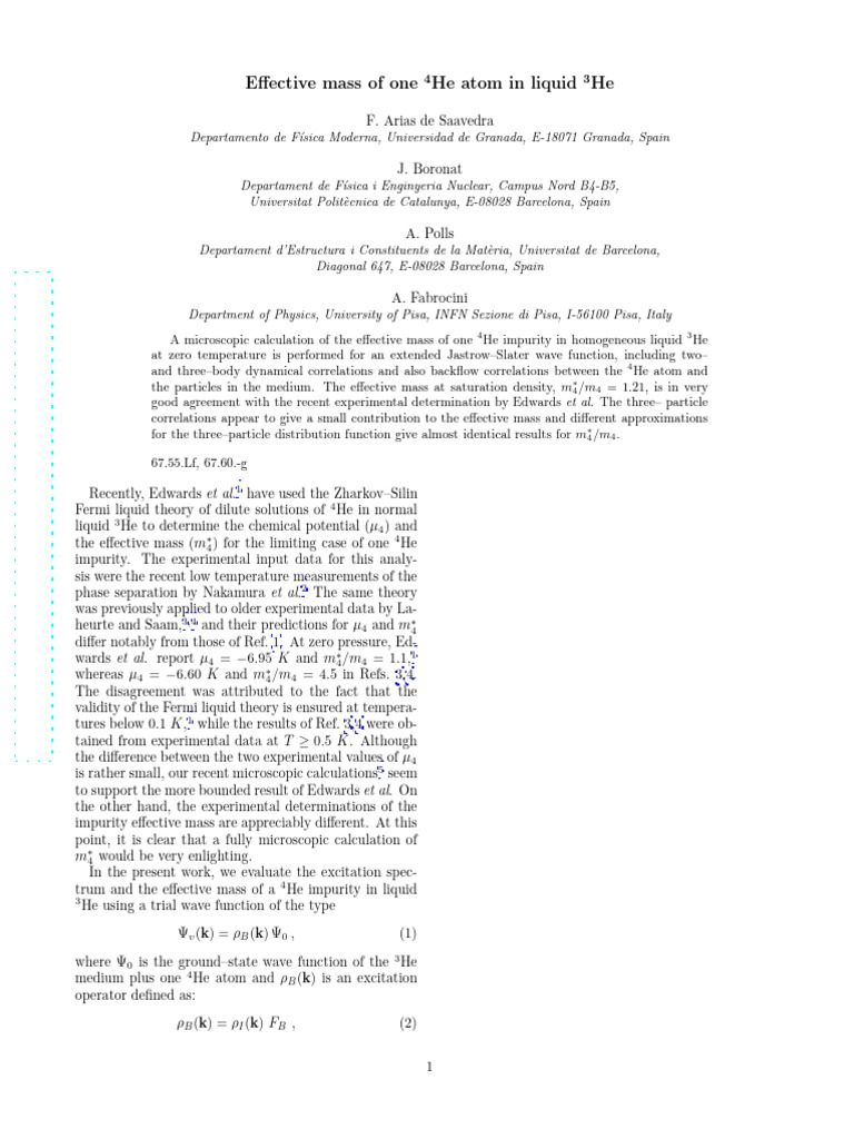 Eﬀective Mass of 4He in Liquid 3He | PDF | Liquids | Atoms