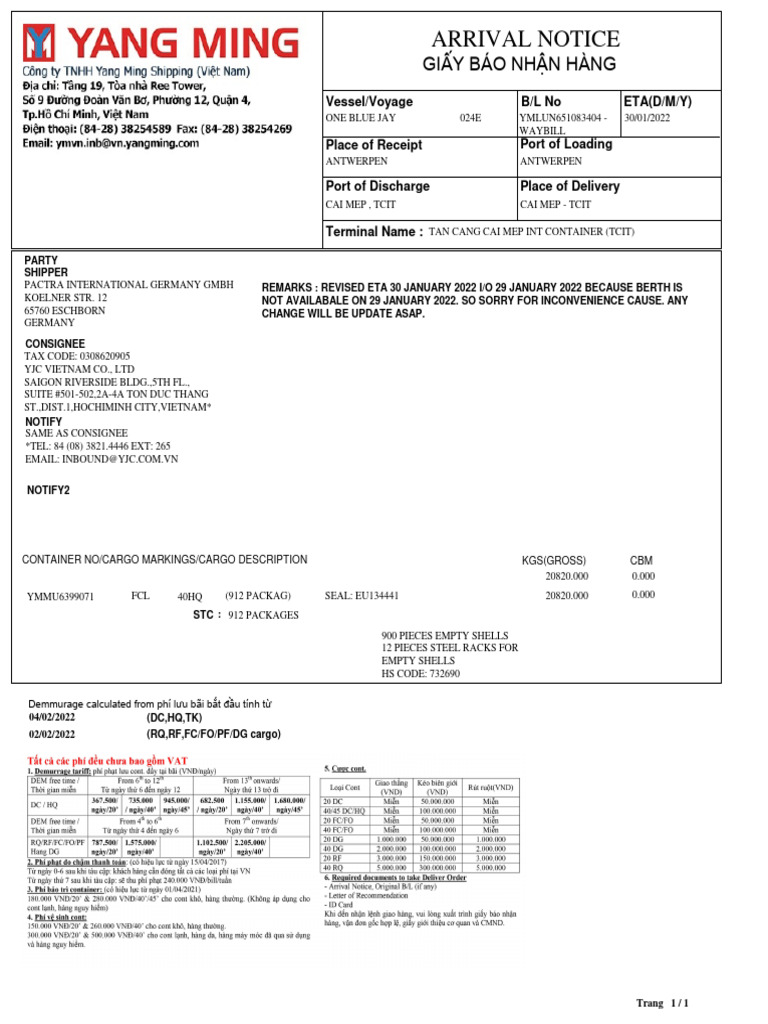 Arrival Notice for Container Shipment | PDF | Freight Transport ...