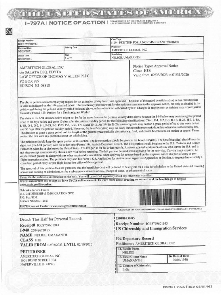 NELIGE, Umakanth - Ameritech Global, Inc - I-129 Approval Notice | PDF
